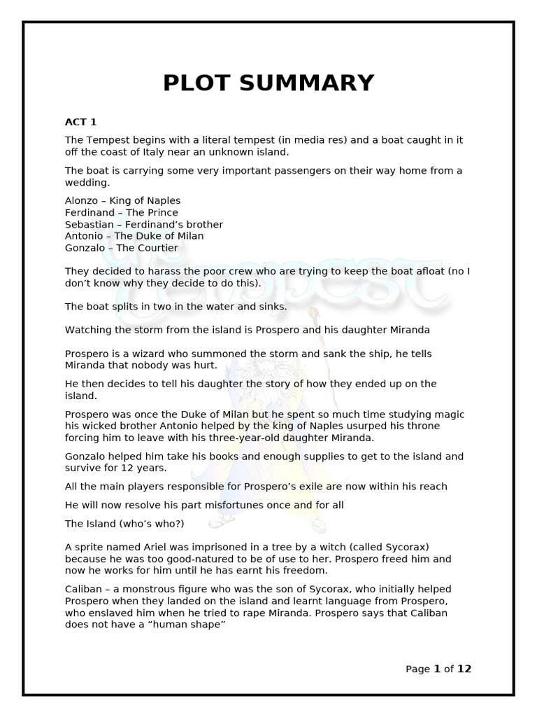 The Tempest Plot Summary | PDF | The Tempest | Shakespearean Comedies