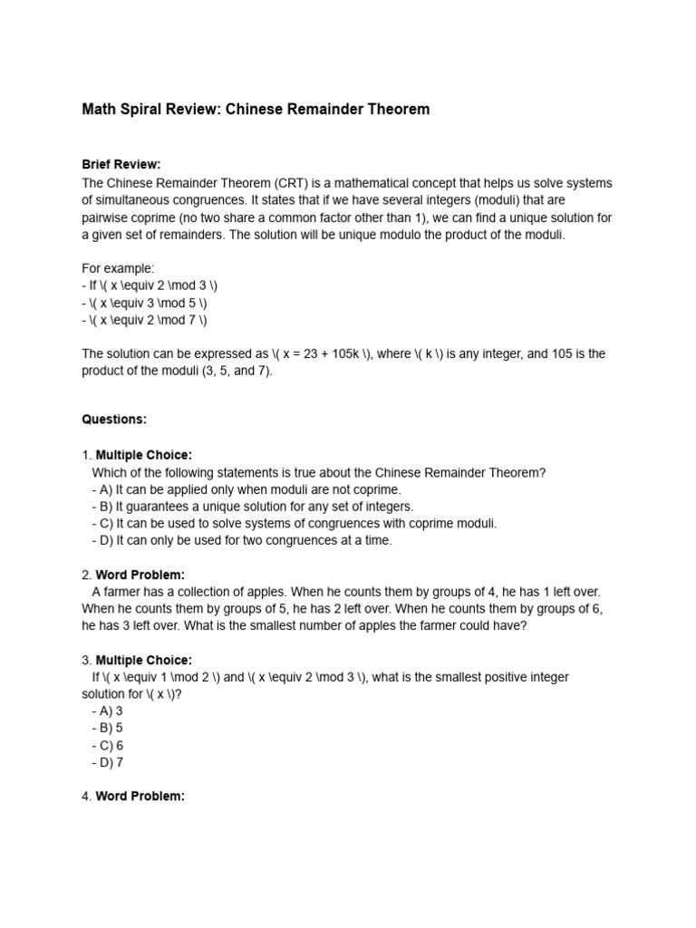 Math Spiral Review - Chinese Remainder Theorem | PDF | Mathematical ...