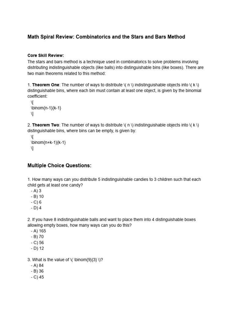 Stars and Bars Combinatorics Review | PDF | Combinatorics | Discrete Mathematics
