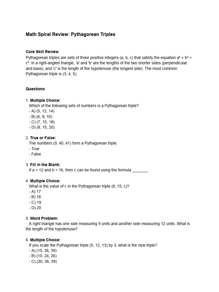 Math Spiral Review - Pythagorean Triples | PDF