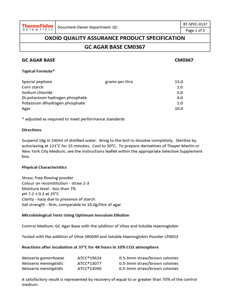 Oxoid Quality Assurance Product Specification GC Agar Base Cm0367 | PDF ...