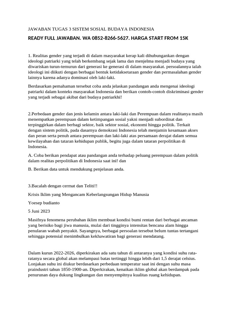 Jawaban Tugas 3 Sistem Sosial Budaya Indonesia | PDF