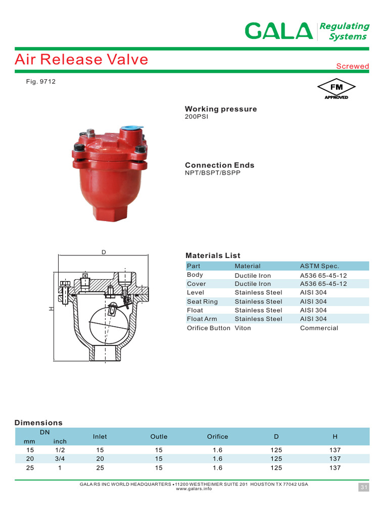 Air Release Valve Specifications | PDF