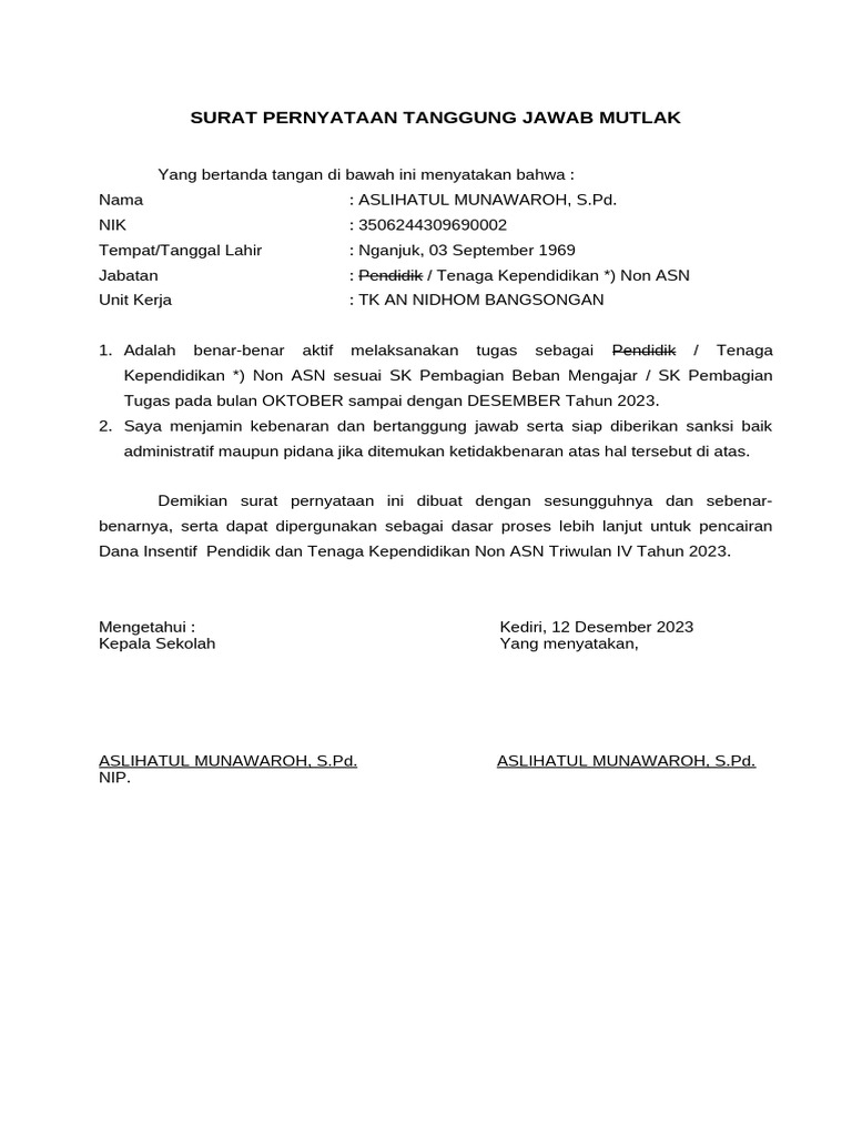 3.contoh SPTJM Insentif Triwulan 3 TH 2023 | PDF
