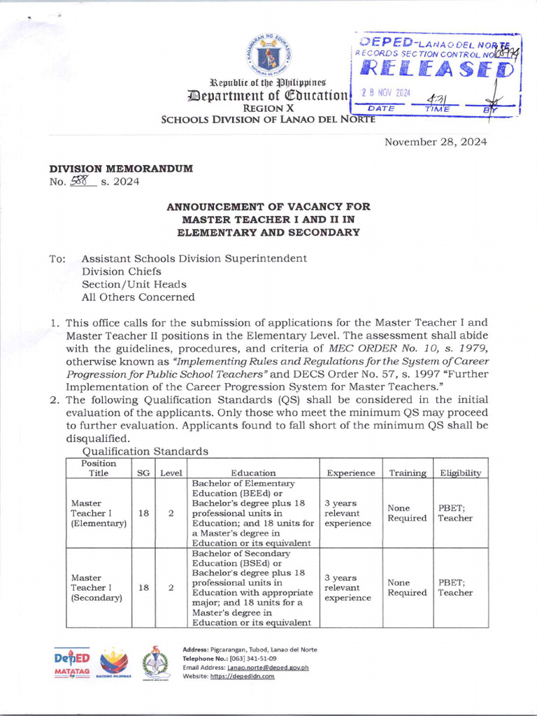 Announcement of Vacancy For Master Teacher I and Ii in Elementary and ...