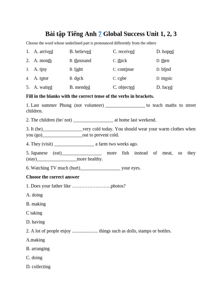 English 7 Global Success Units 1-3 Exercises | PDF