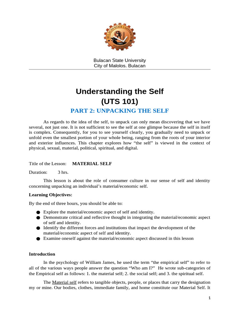 Handouts On UTS Material and Spiritual Self | PDF | Spirituality | Self
