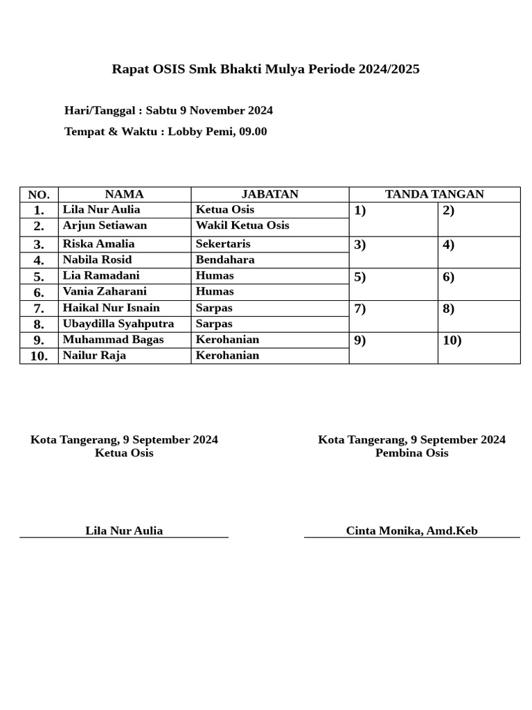 Rapat OSIS SMK Bhakti Mulya Periode 2024 | PDF