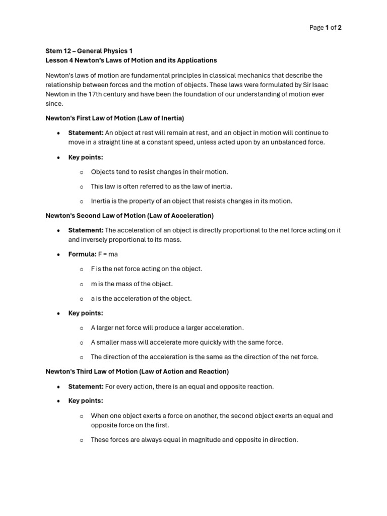 Stem 12 Lesson 4 Newtons Laws of Motion and Its Applications | PDF ...