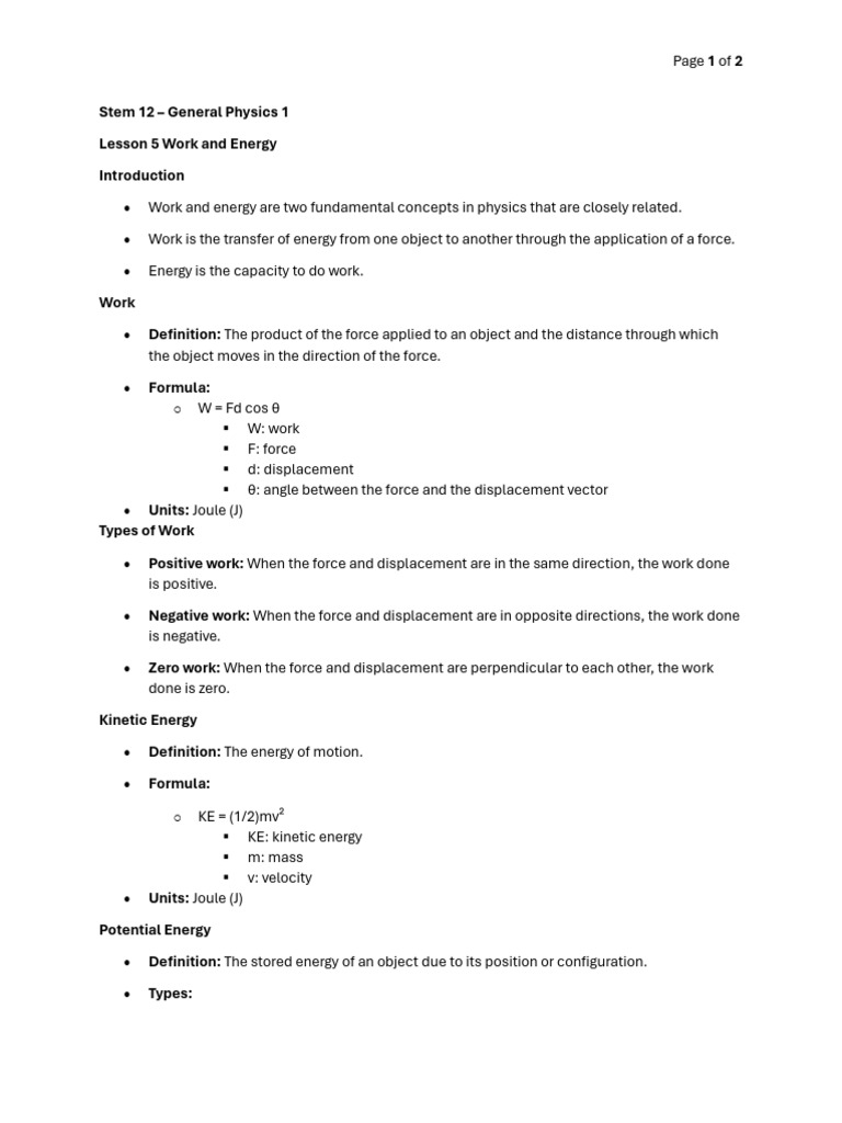 Stem 12 Lesson 5 Work and Energy | PDF | Force | Potential Energy