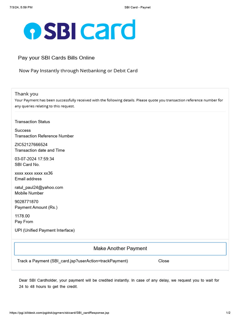 SBI Card - Paynet July 2024 Payment | PDF