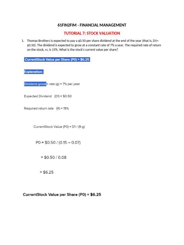Tutorial 7 - Stock Valuation | PDF