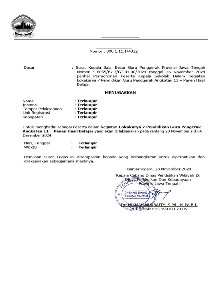 Surat Tugas Kepala Sekolah Panen Karya Angkatan 11 | PDF