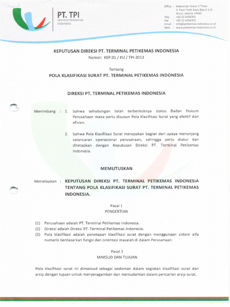 KEP.01-KU-TPI-2013 Pola Klasifikasi Surat PT TPI | PDF