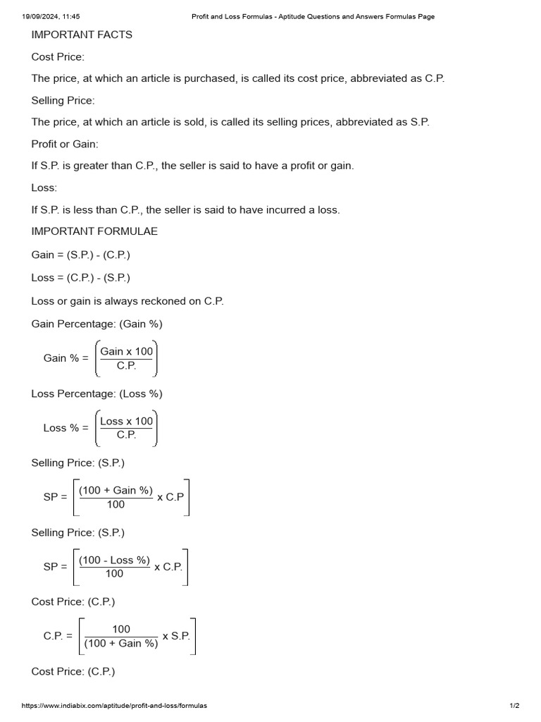 Profit and Loss Formulas Explained | PDF | Prices | Sales