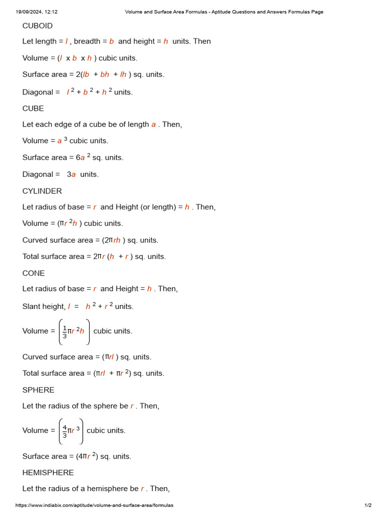 Volume and Surface Area Formulas | PDF