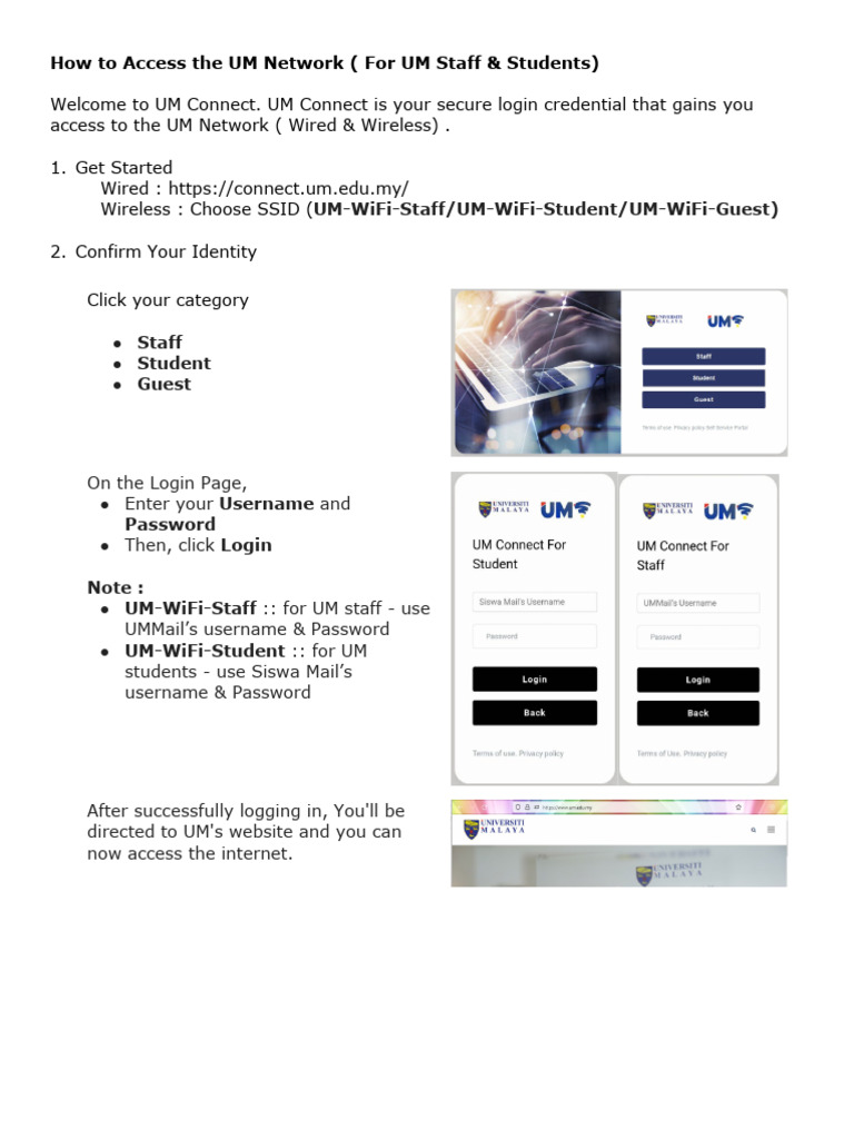 Access UM Network Guide for Staff & Students | PDF
