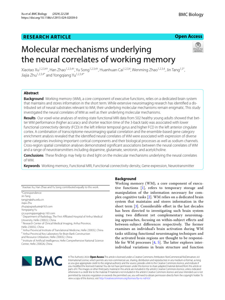 Molecular Mechanisms Underlying The Neural Correlates of Working Memory ... Molecular Mechanisms Underlying The Neural Correlates of Working Memory ...