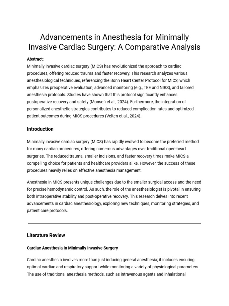 Advancements in Anesthesia For Minimally Invasive Cardiac Surgery - A ...