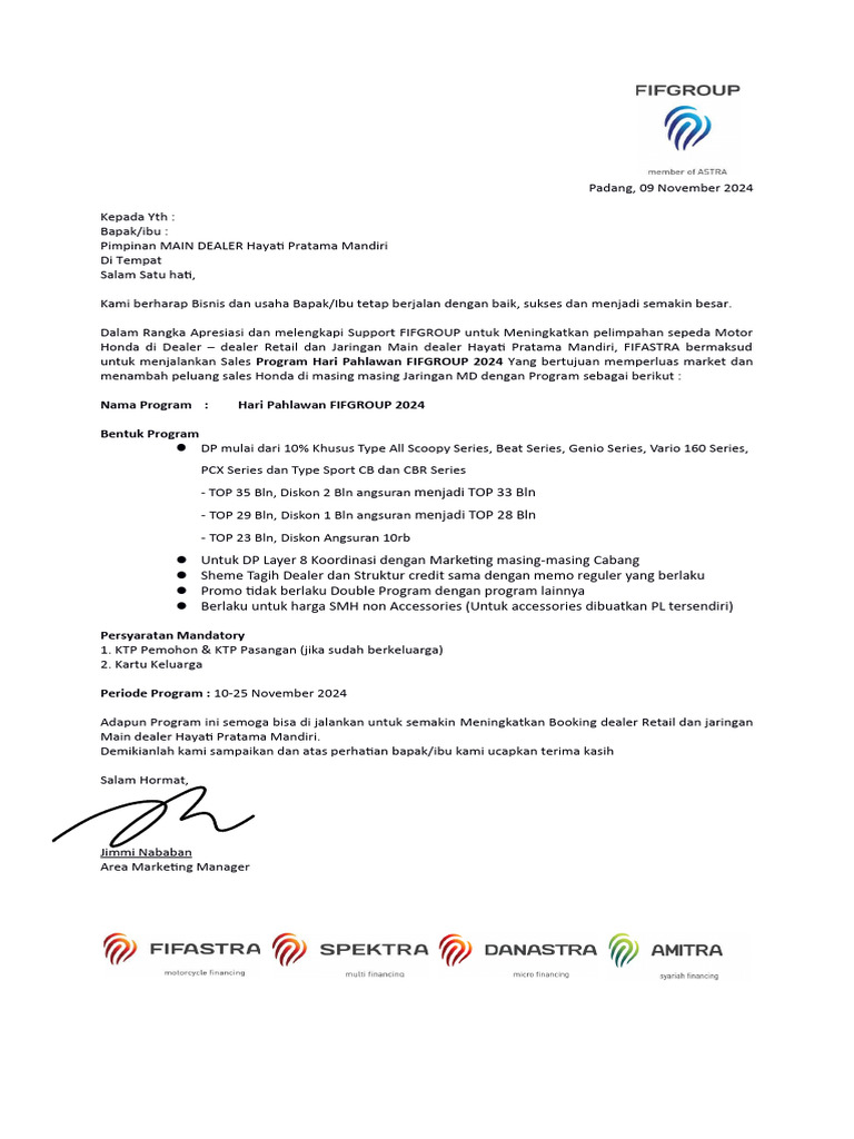 Surat Program Hari Pahlawan FIFGROUP 2024 (MD Hayati) | PDF