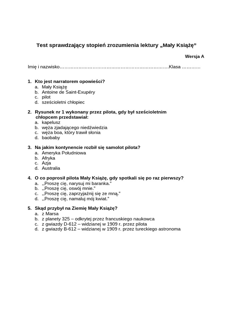 Maly - Ksiaze - Testy - Wersja A - I - B | PDF