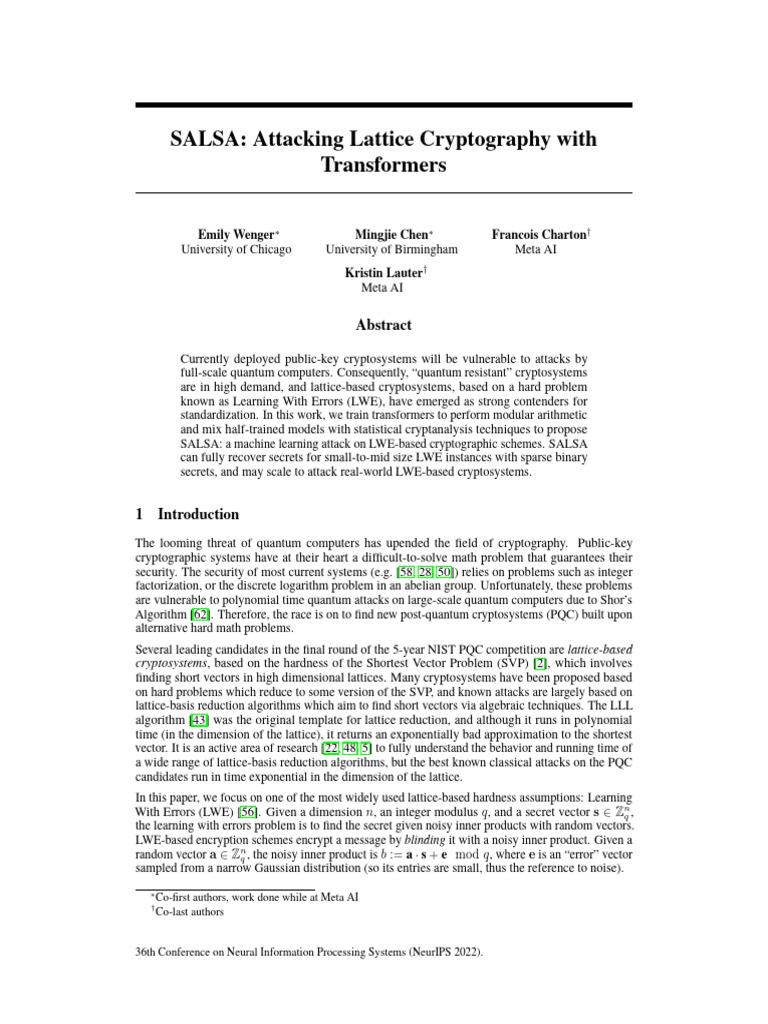 NeurIPS 2022 Salsa Attacking Lattice Cryptography With Transformers Paper Conference | PDF ...