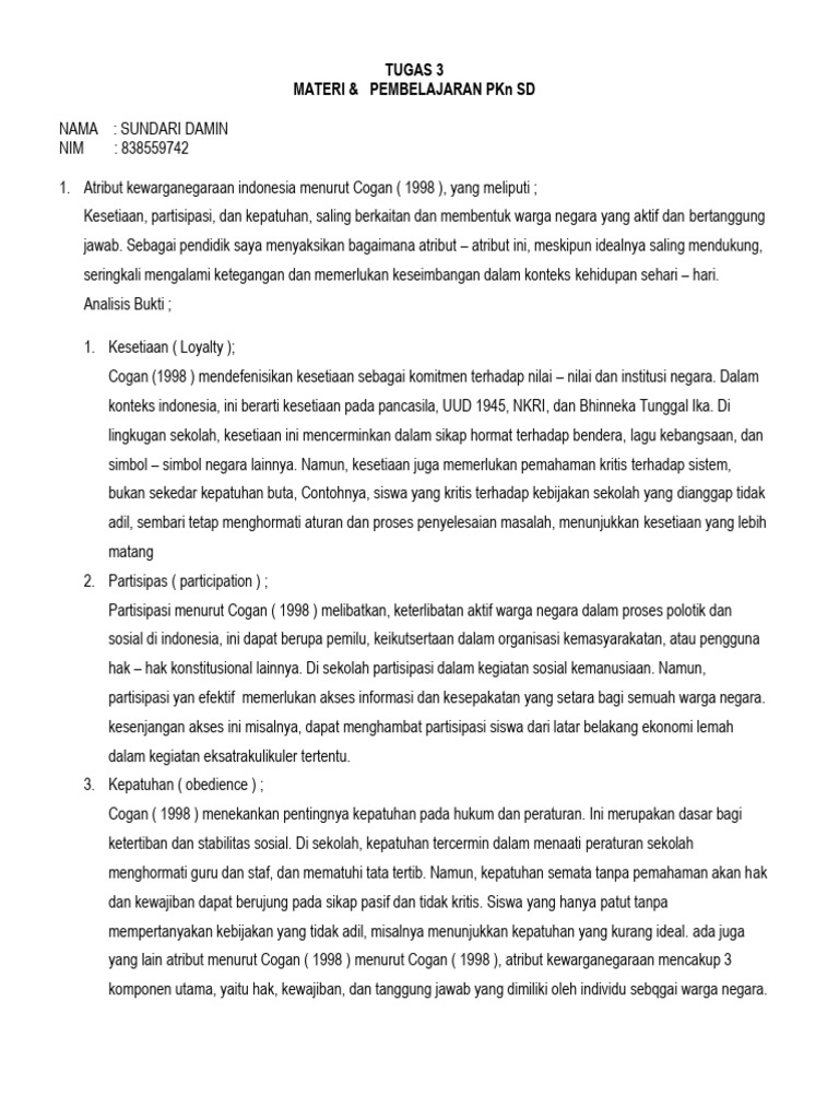 Tugas 3 MATERI & PEMBELAJARAN PKN SD | PDF