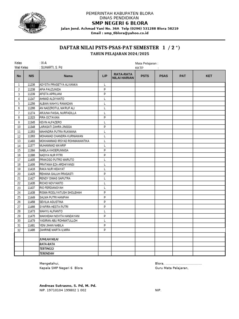 KLS 9 - Daftar Nilai Murni Pts-Pas-Pat 2024-2025 | PDF