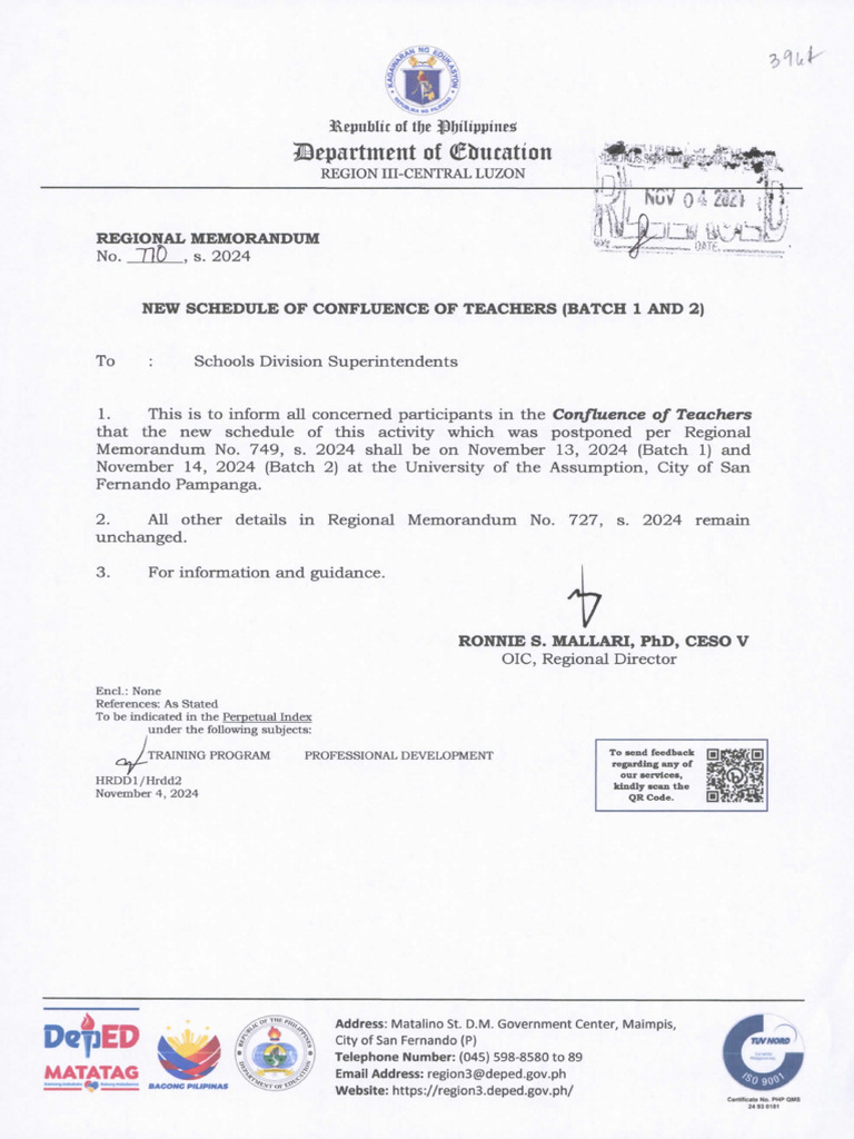 RM No. 770 S. 2024 New Schedule of Confluence of Teachers Batch 1 and 2 ...