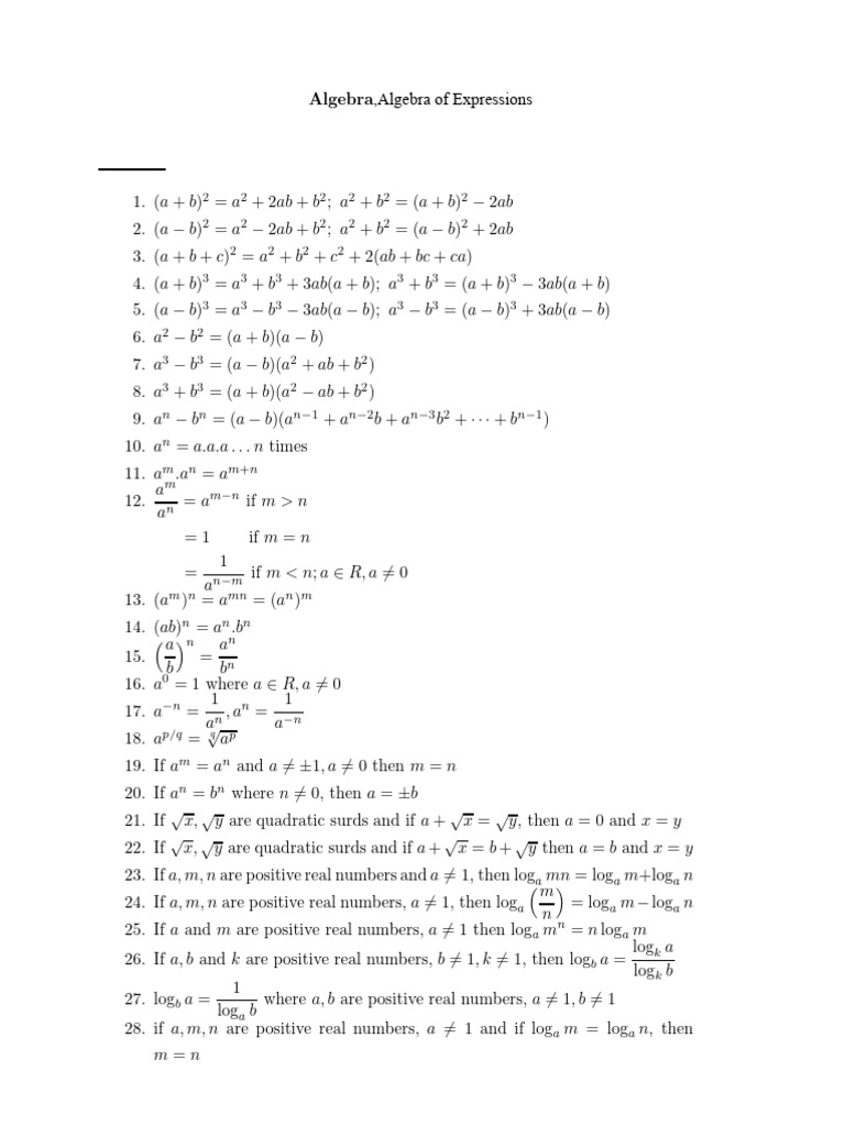 Maths Formulas Algebra SSC | PDF | Mathematics