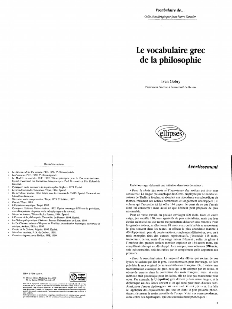 Ivan Gobry-Le Vocabulaire Grec de La Philosophie-Ellipses Marketing ...