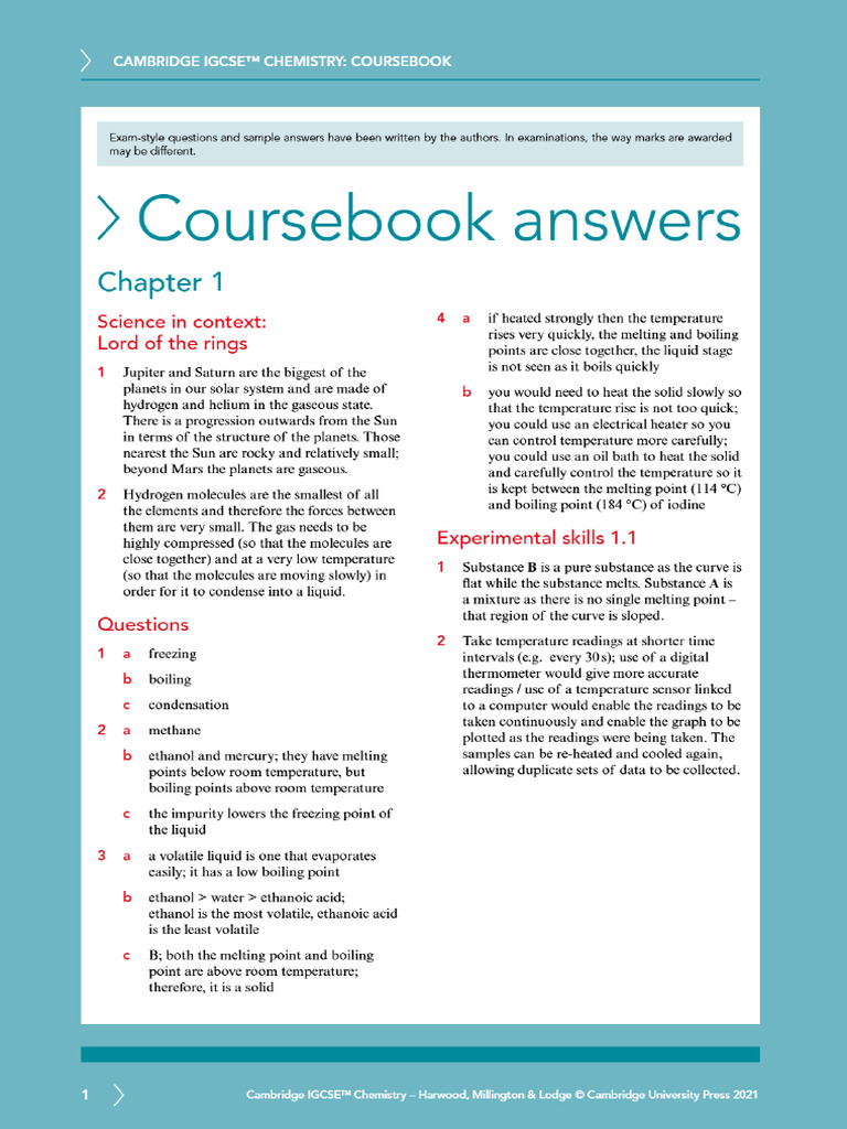 Igcse Chemistry 5ed TR Coursebook Answers | PDF Igcse Chemistry 5ed TR Coursebook Answers | PDF
