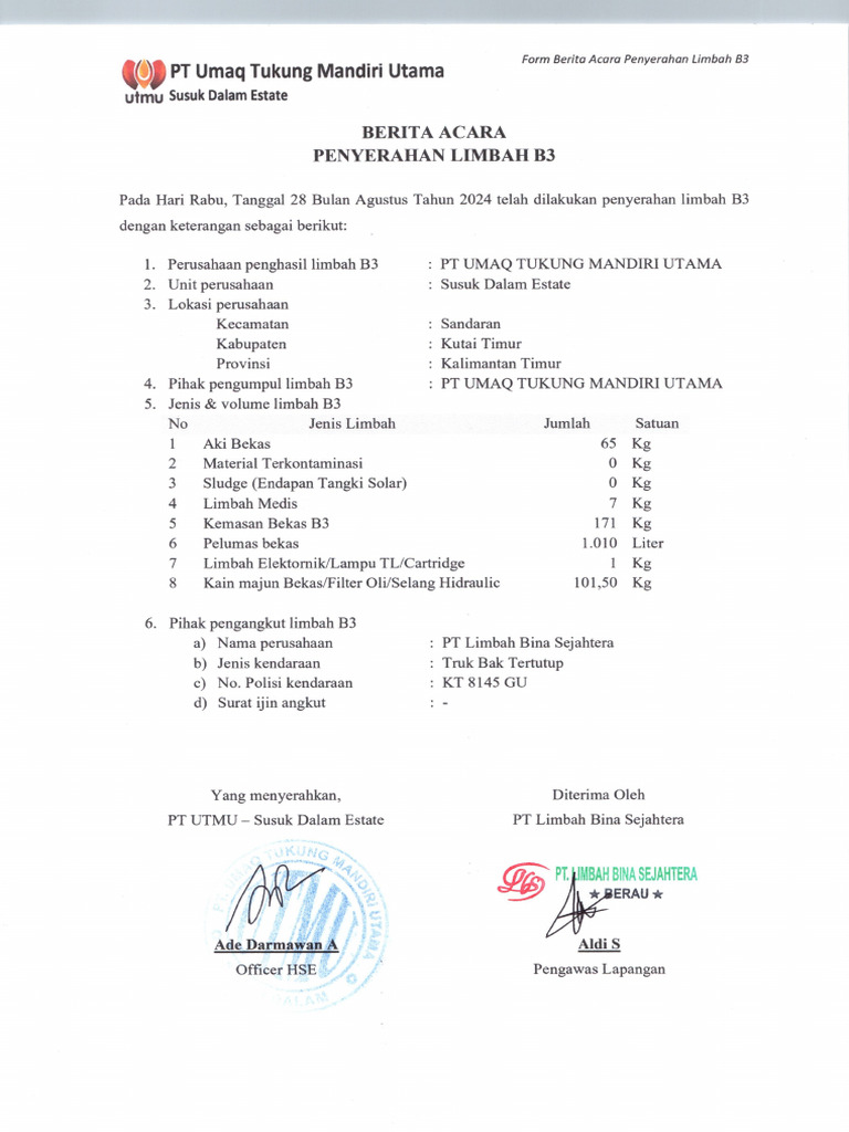 02 - ENV - Formulir BA Penyerahan Limbah B3 | PDF