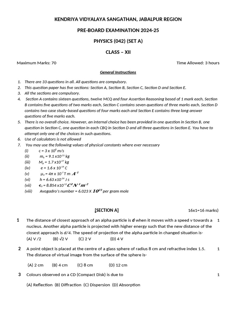 Physics-Class Xii QP - Pb-Set-A 2024-25 | PDF | Inductor | Inductance
