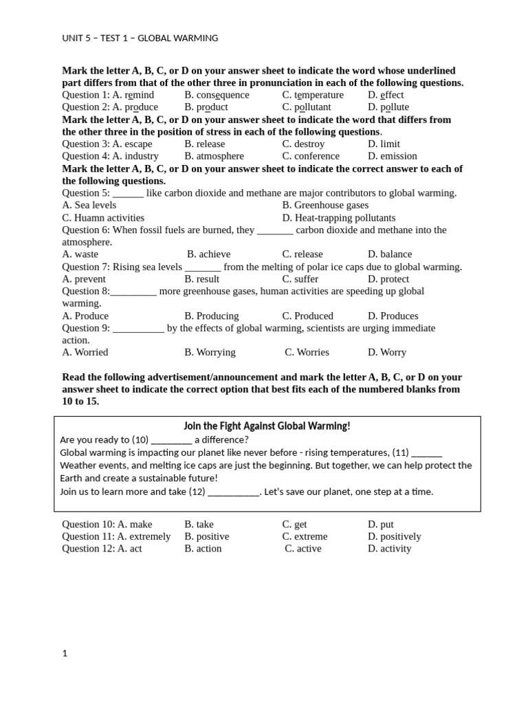 UNIT 5 - TEST 1 | PDF | Climate Change | Greenhouse Effect