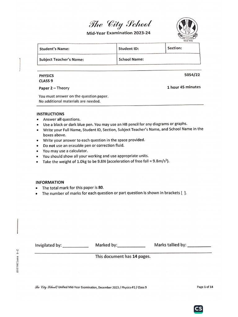 MYE EXAM 2023-24 (Physics, p2, Class 9) | PDF