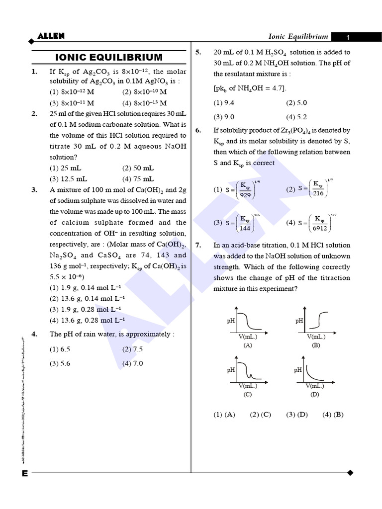 Ionic Equilibrium | PDF | Solubility | Ph