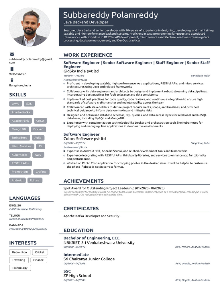 Subbareddy Polamreddy - 12years | PDF | Databases | Java (Programming Language)