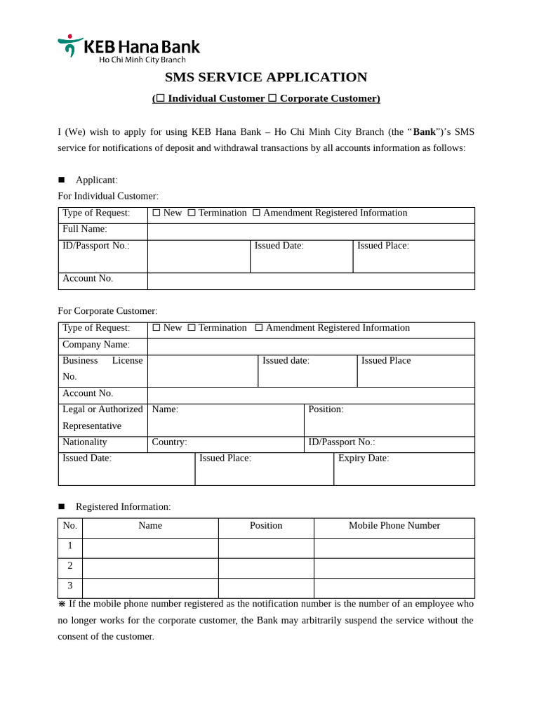 SMS Service Application Form | PDF | Banks