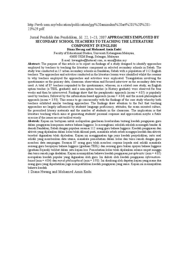 Paraphrastic Approach in Literature Teaching | PDF | Teachers | Reading ...