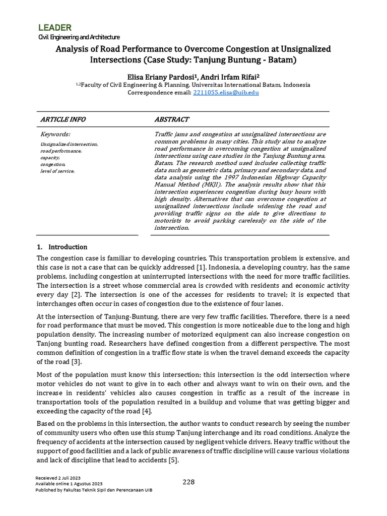 Analysis of Road Performance To Overcome Congestion at Unsignalized Intersections (Case Study ...