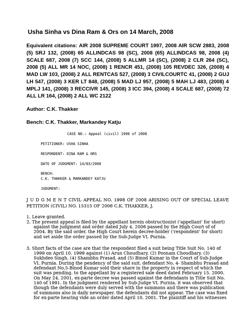 Usha Sinha Vs Dina Ram Ors On 14 March 2008 | PDF | Lawsuit | Judgment ...
