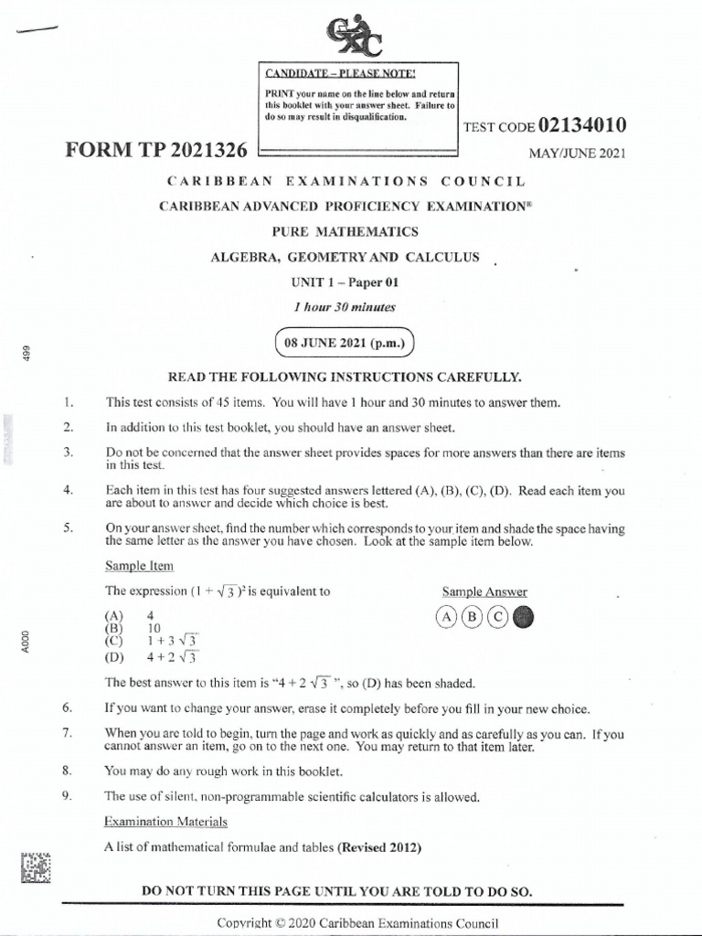 CAPE Pure Maths U1 P1 2021 ANS | PDF