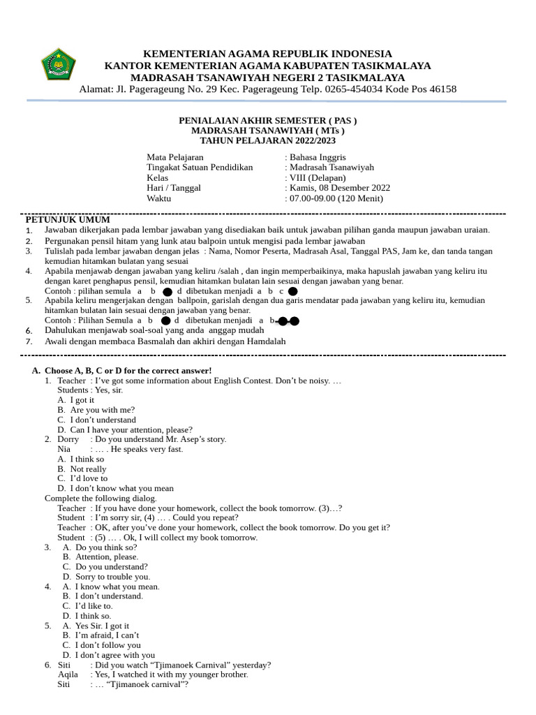 Naskah Soal PAS B. Inggris - Kelas 8 - 2022 - 2023 | PDF