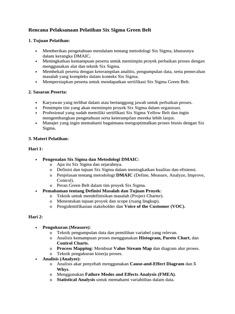 Rencana Pelaksanaan Pelatihan Six Sigma Green Belt | PDF