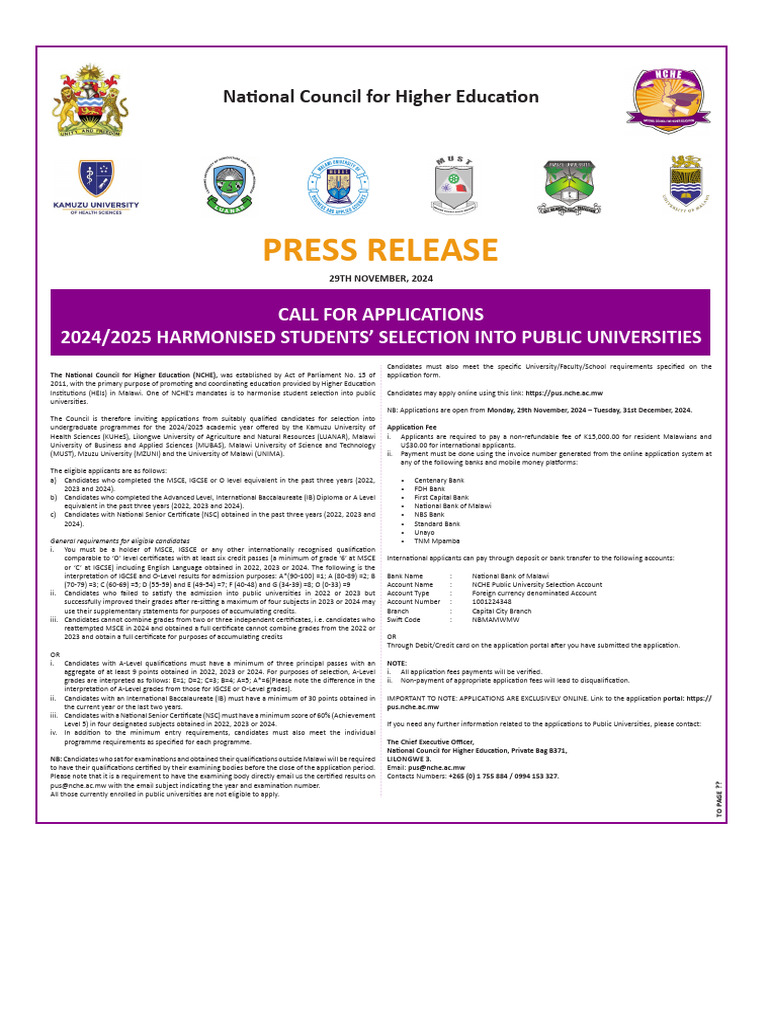 NCHE 2024 - 25 PublicUniversitiesApplications | PDF