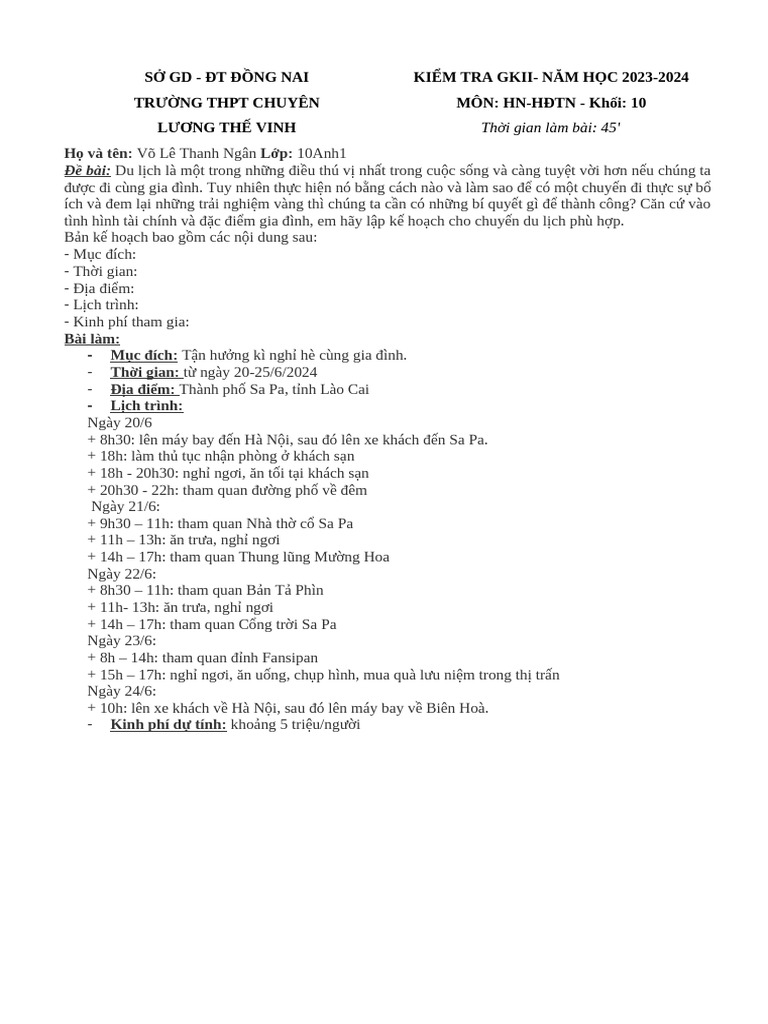 Phiếu Làm Bài Môn HĐTN 10 GK2 - 2023-2024 | PDF