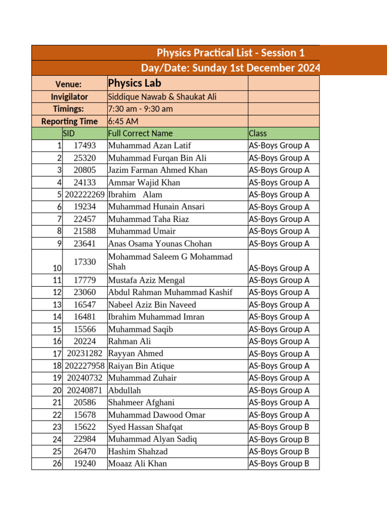 Physics Practical Schedule - December 2024 | PDF