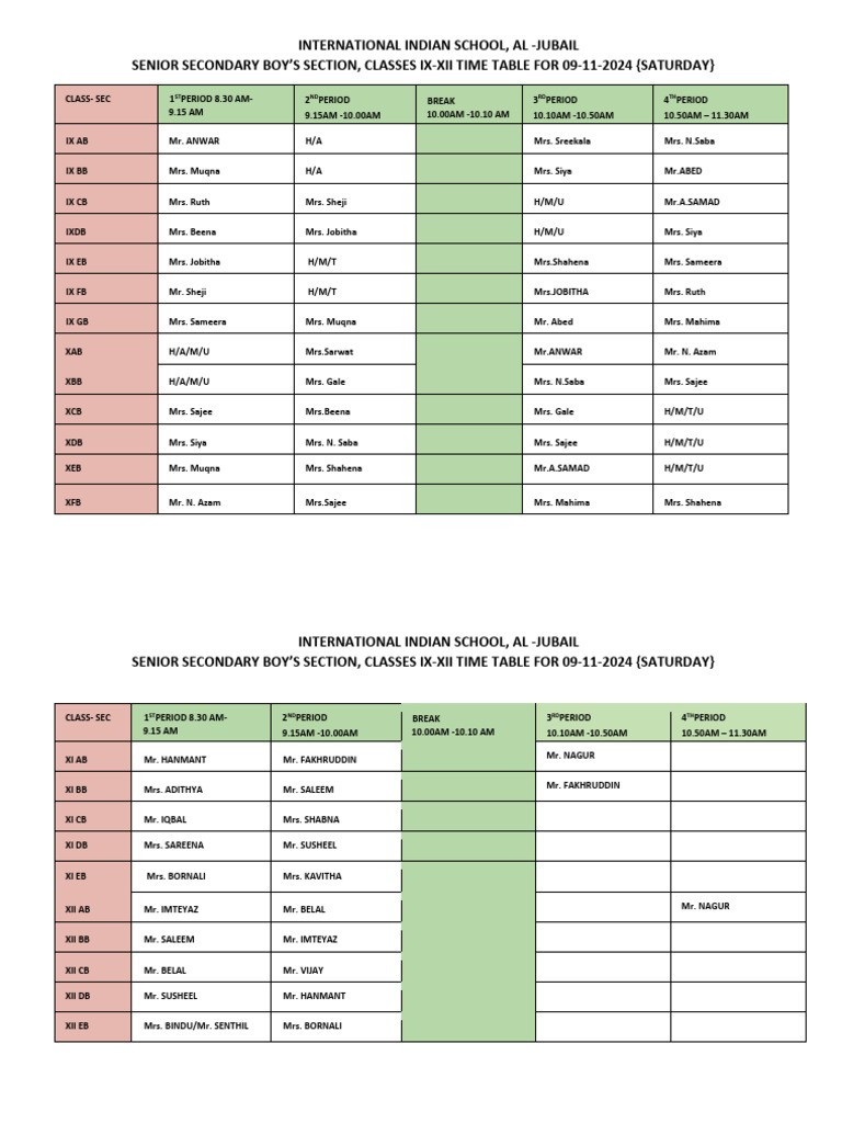 Class Ix - Xii Time Table For 09-11-2024 | PDF