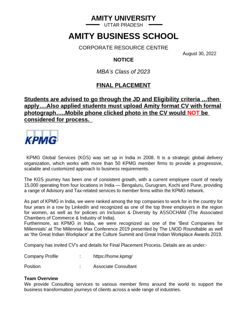 KPMG Associate Consultant Placement Notice | PDF | Consultant | Chief ...